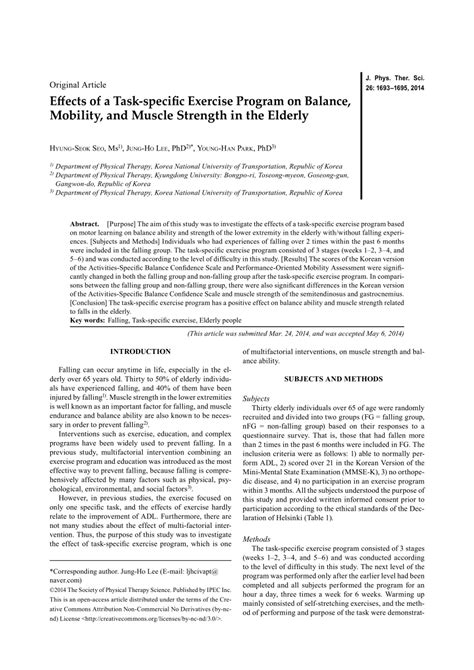 Pdf Effects Of A Task Specific Exercise Program On Balance Mobility And Muscle Strength In