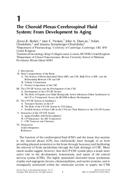 Pdf The Choroid Plexus Cerebrospinal Fluid System From Development To Aging Jane Preston
