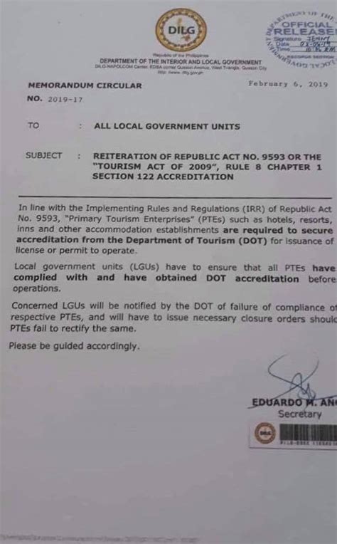 Dilgs Memo Circular Reiterating Republic Act No 9593 Or Known As The Tourism Act Of 2009 Rule