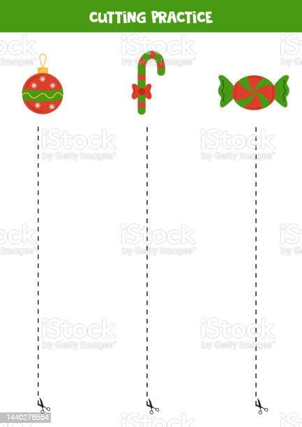 귀여운 크리스마스 요소를 가진 아이들을위한 절단 연습 가위에 대한 스톡 벡터 아트 및 기타 이미지 가위 겨울 교육