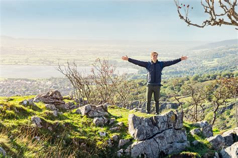 숲 호수 배경에 시골 풍경과 함께 제기 손으로 산에 큰 돌에 서 젊은 남자 여행 라이프 스타일 방랑자 모험 목표 달성에 대한 방법 자유와 평화 겨냥에 대한 스톡 사진 및