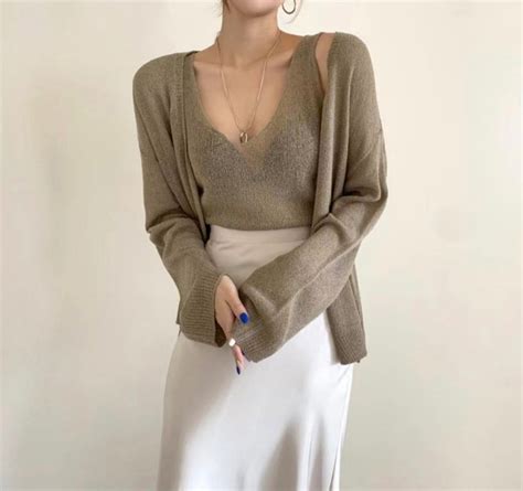 때깔닷컴 브이넥 린넨 나시 민소매 가디건 투피스 세트