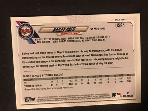 2021 Topps Update Bailey Ober Rookie Rc Minnesota Twins Us84 Ebay
