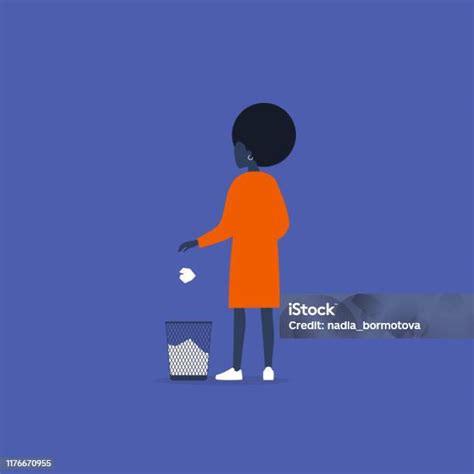 직장에서 실수 종이 공을 던지는 젊은 흑인 여성 캐릭터 재활용 플랫 벡터 일러스트레이션 클립 아트 감소에 대한 스톡 벡터 아트