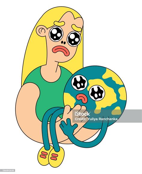 슬픈 한 여성이 불행한 행성을 손에 들고 있다 지구는 화가 우리는 그것으로 만화 스타일의 격리 된 이미지 벡터 그림입니다 개념에 대한 스톡 벡터 아트 및 기타 이미지