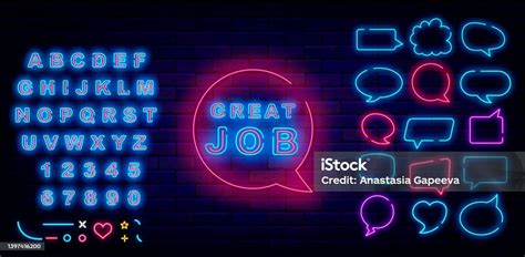 훌륭한 직업 네온 사인 반짝이는 파란색 알파벳 잘 된 개념 음성 프레임 수집 벡터 스톡 일러스트레이션 Brand Name Online Messaging Platform에