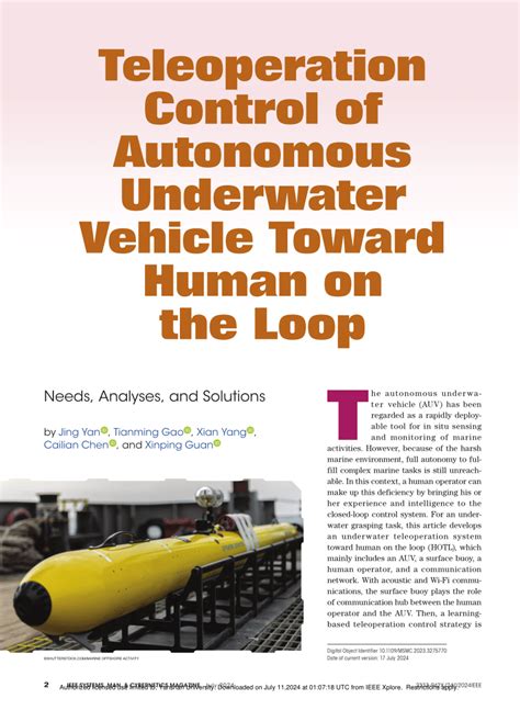 Pdf Teleoperation Control Of Autonomous Underwater Vehicle Toward Human On The Loop Needs