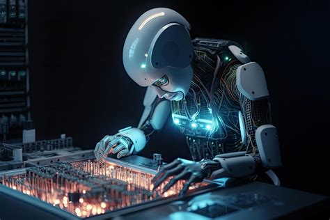3d Rendering Humanoid Robot Working On A Computer In A Dark Room