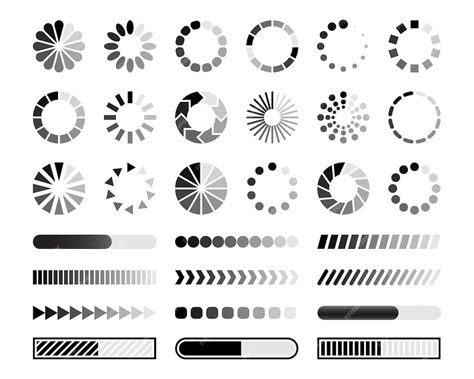 로딩 바 다운로드 진행률 로더 원형 버퍼링 상태 Ui 요소 업로드 표시기 기호 전송 시간 로딩 버튼 격리된 벡터 세트 프리미엄 벡터