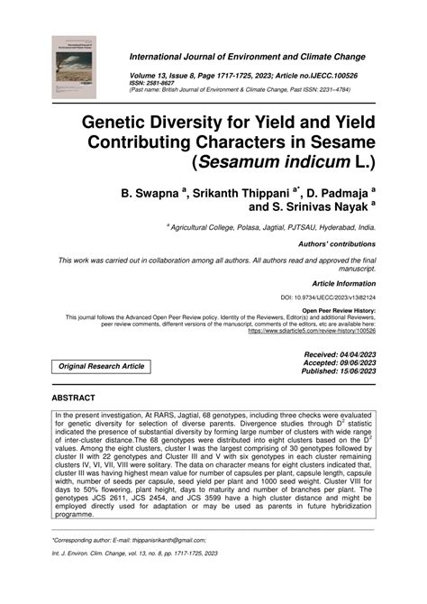 pdf genetic diversity for yield and yield contributing characters in