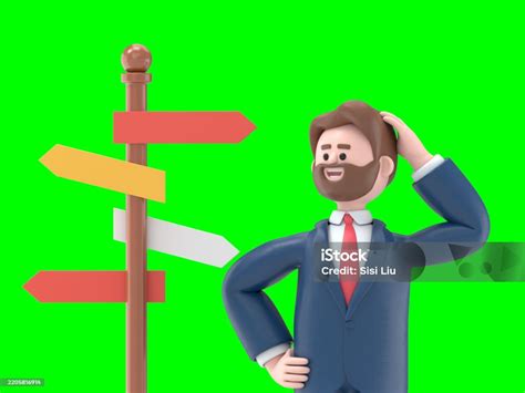 수염을 기른 미국 사업가 밥이 교차로에 서서 방향 표지판을 바라보고 있는 3d 일러스트레이션arrows3d 그린 스크린에서 푸티지와 클리핑 경로를 렌더링합니다 가공의 인물에