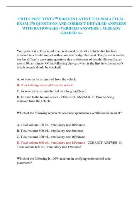Phtls Post Test 9th Edition Latest Actual Exam 170 Questions And Correct Detailed Answers With
