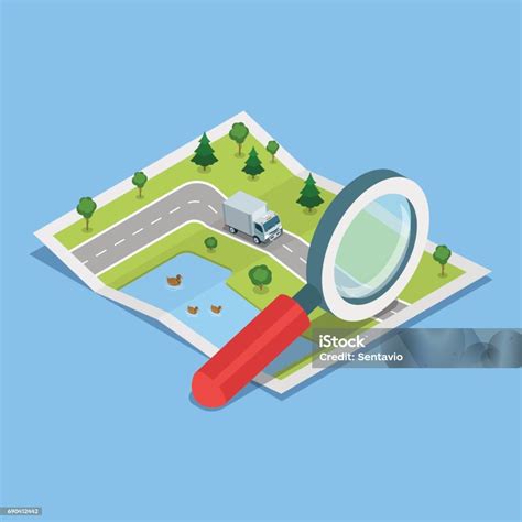 종이 지도 거 대 한 돋보기 벡터 일러스트 레이 션에 이동 하는 평면 아이소메트릭 반 3d 아이소메트리 추적 부하 운송 및 배달 개념 돋보기 광학 기기에 대한 스톡 벡터