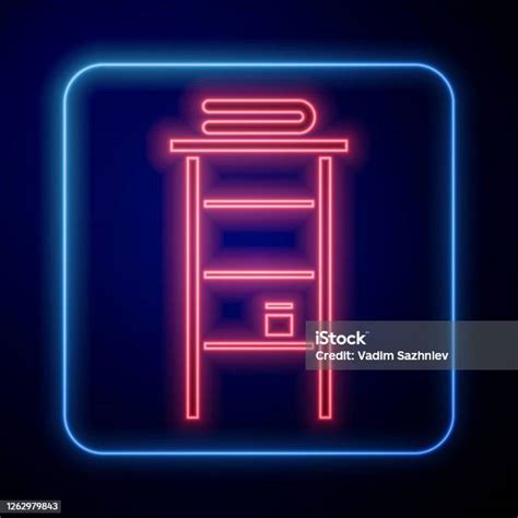 파란색 배경에 고립 된 수건 아이콘선반이있는 빛나는 네온 욕실 랙 욕실 내부 가구 개체 벡터 일러스트레이션 0명에 대한 스톡 벡터 아트 및 기타 이미지 Istock