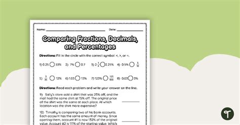 Comparing Fractions Decimals And Percentages Worksheet Teach Starter