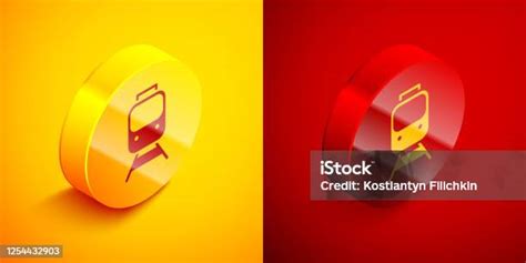 주황색과 빨간색 배경에 격리 된 등분 성 기차 및 철도 아이콘 대중 교통 기호 지하철 열차 교통편 지하철 지하 서클 버튼입니다 벡터 3차원 형태에 대한 스톡 벡터 아트 및