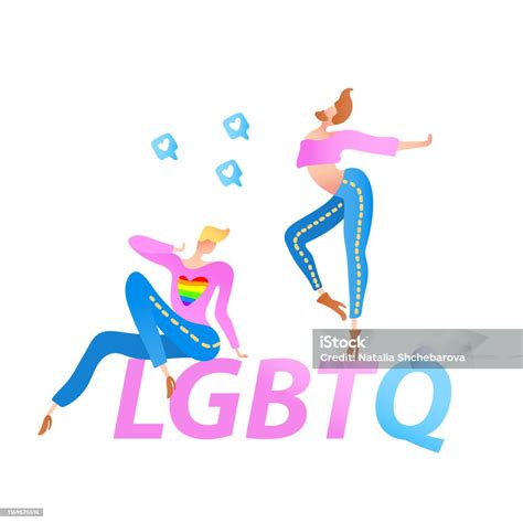 벡터 다채로운 그림 Lgbtq 텍스트와 발 뒤꿈치에 유행 게이 남자 플랫 만화 스타일 고립 Lgbt 트랜스젠더 권리 개념 로고 전단지 등에 적용됩니다 개념에 대한 스톡 벡터