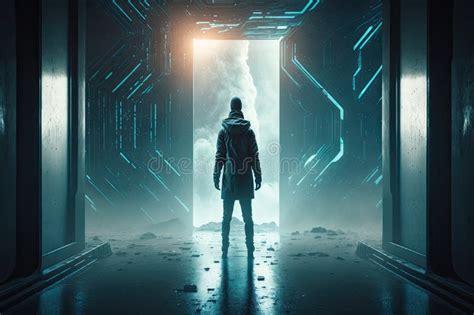 hacker standing in futuristic concrete space ship interior stock illustration illustration of