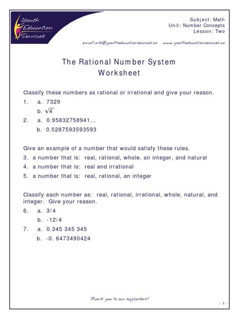 The Rational Number System Worksheet Email Info Youtheducationservices Ca