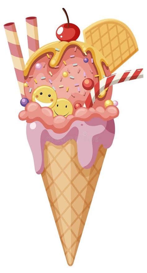Strawberry Ice Cream Wafer Cone With Toppings Stock Vector