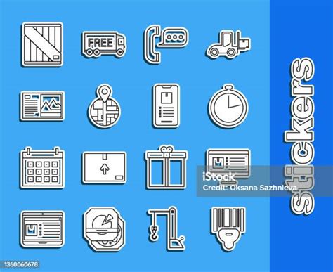세트 라인 스캐너 스캔 바코드 앱 배달 추적컴퓨터 모니터 스톱워치 전화 음성 버블 채팅 엽서 나무 상자 및 모바일 아이콘 벡터 Brand Name Smart Phone에