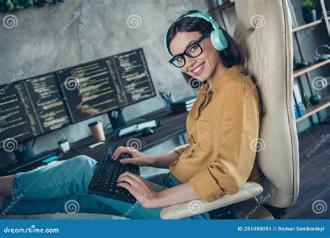 Profile Side View Portrait Of Attractive Cheery Girl Editing Network