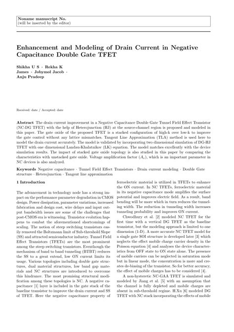 Pdf Enhancement And Modeling Of Drain Current In Negative Capacitance Double Gate Tfet