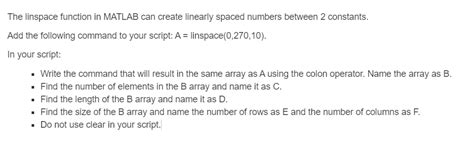 Solved The Linspace Function In MATLAB Can Create Linearly Chegg