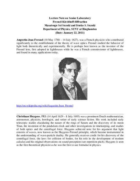 Pdf Lecture Note On Senior Laboratory Fresnel Kirchhoff Diffraction