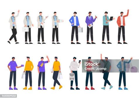 많은 경력 캐릭터의 번들 4 세트 다양한 직업 라이프 스타일의 16 포즈 손 흔들기에 대한 스톡 벡터 아트 및 기타 이미지 손 흔들기 남자 벡터 Istock
