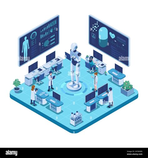 Isometric Ai Robot Assisting Team Of Medical Professionals In Lab Ai Diagnostics And Ai Powered