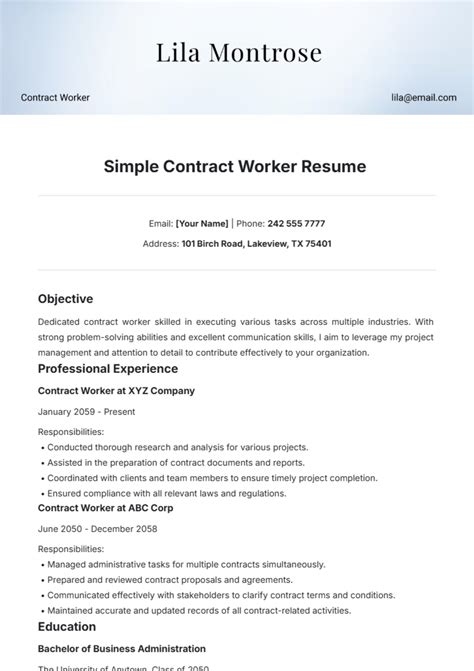 Free Simple Contract Worker Resume Template To Edit Online Free Simple Contract Worker Resume Template To Edit Online