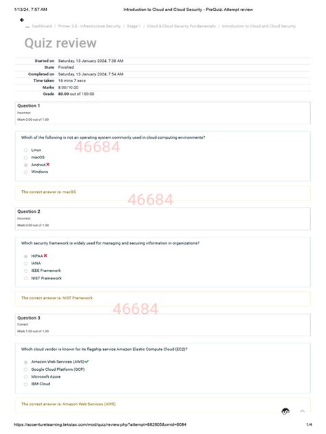 Introduction To Cloud And Cloud Security Prequiz Attempt Review Pdf Cloud Computing