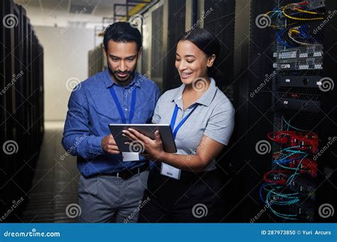 People Manager And Tablet For Server Room Cybersecurity Engineering Programming Or Coding