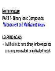 Naming Binary Ionic Compounds Monovalent And Multivalent Metals Course Hero