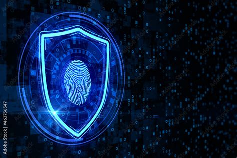 Abstract Glowing Shield With Fingerprint Icon On Dark Binary Code Background With Mock Up Place