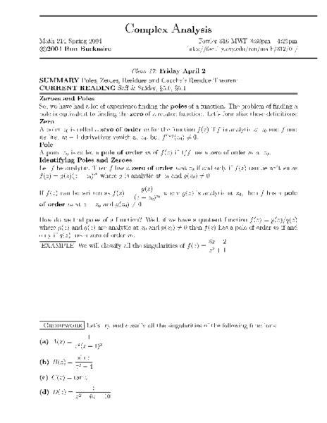 complex analysis residue theorem worksheet for higher ed lesson planet
