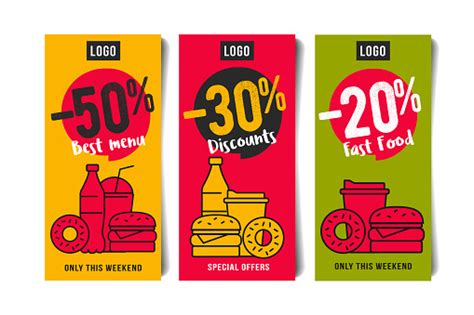 패스트 푸드 레스토랑 또는 배달 서비스를위한 트렌디 한 컬러 할인 전단지 선형 음식 및 음료 콤보 메뉴 구성이있는 템플릿 디자인