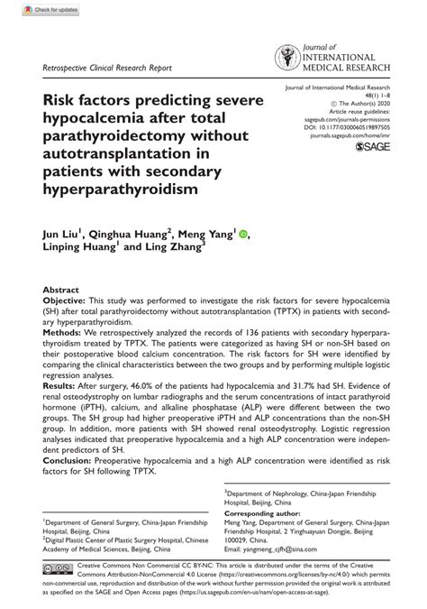 Pdf Risk Factors Predicting Severe Hypocalcemia After Total Parathyroidectomy Without
