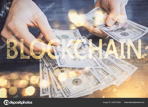 Multi Exposure Of Blockchain Theme Drawing Hologram And Usa Dollars