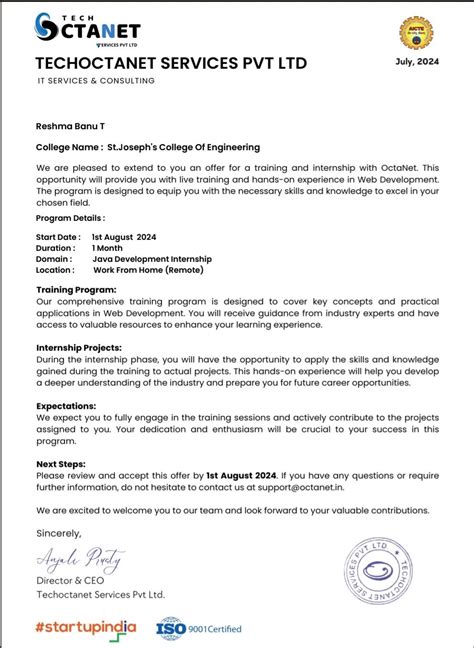 Javadeveloper Internship Techoctanetservicespvtltd Offerletter