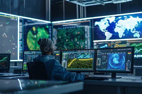 Cybersecurity Analyst Monitoring Global Network Data Streams Stock Illustration Illustration