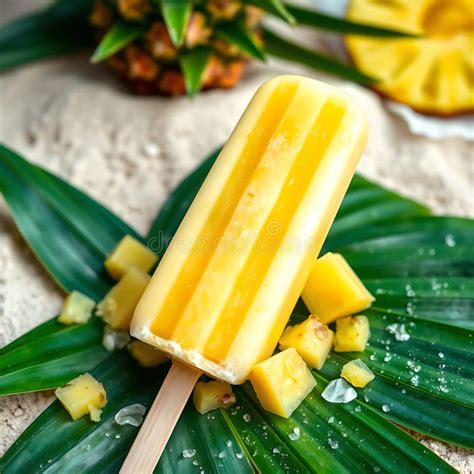 A Tropical Coconut And Pineapple Popsicle Placed On A Tropical Leaf