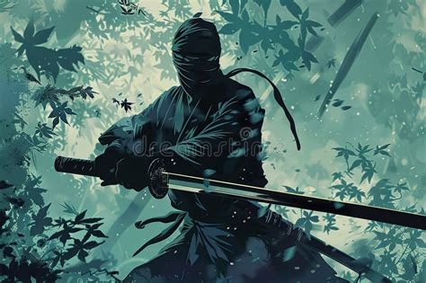 Japanese Ninja Warrior Dressed In Samurai Clothes Holding Sharp Sword