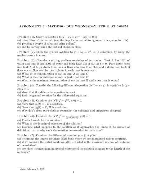 Math340 Assignment Solutions Differential Equations Prof Travis A Olson Assignments