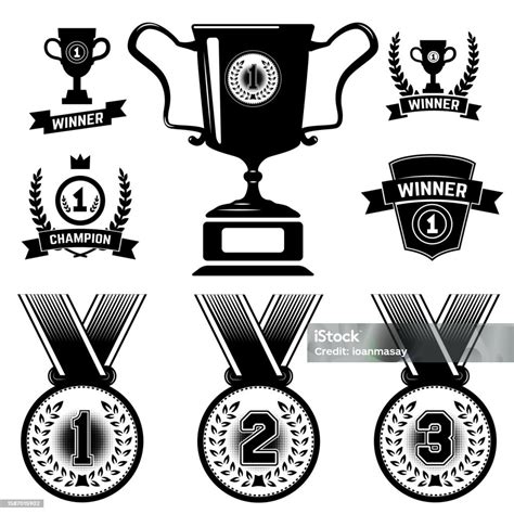 메달 아이콘 트로피 1위 아이콘 세트 벡터의 요소를 디자인합니다 복고풍에 대한 스톡 벡터 아트 및 기타 이미지 복고풍 1위 Championship Istock