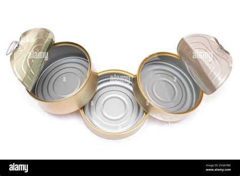 Three Opened Empty Tin Cans Isolated On White Background Clean Used Aluminum Cans Isolation