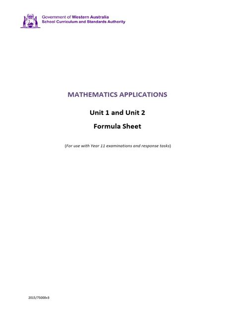 Mathematics Applications Year 11 Formula Sheet 1 Pdf