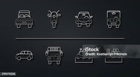 세트 라인 자동차 해치백 자동차 버스 유람선 스쿠터 상자와 아이콘이있는화물 벡터 Brand Name Domestic Car에 대한 스톡 벡터 아트 및 기타 이미지