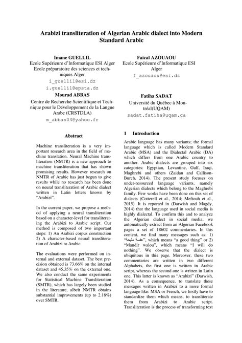 Pdf Arabizi Transliteration Of Algerian Arabic Dialect Into Modern Standard Arabic